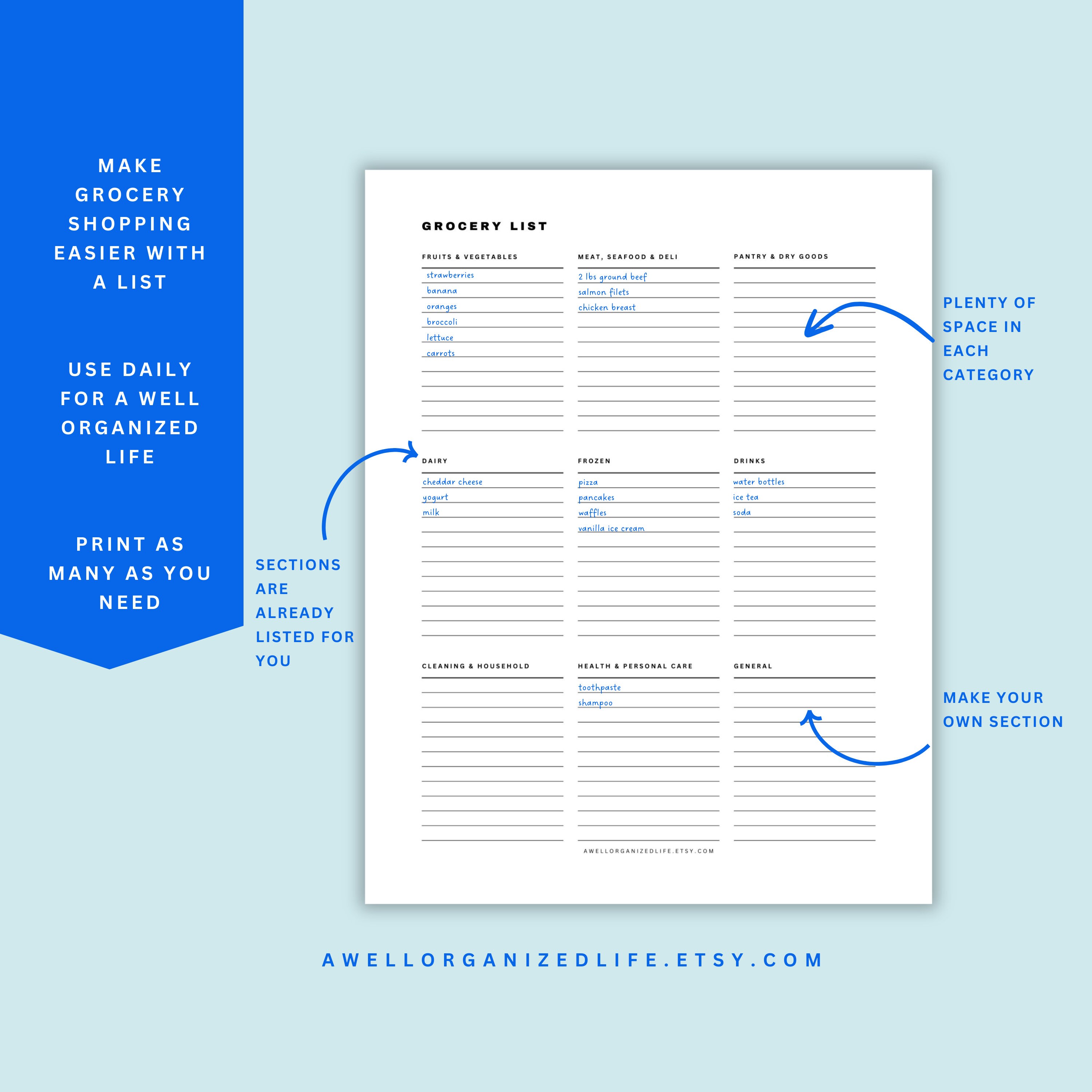 Grocery List Printable Template, Grocery Planner, Food Shopping List ...