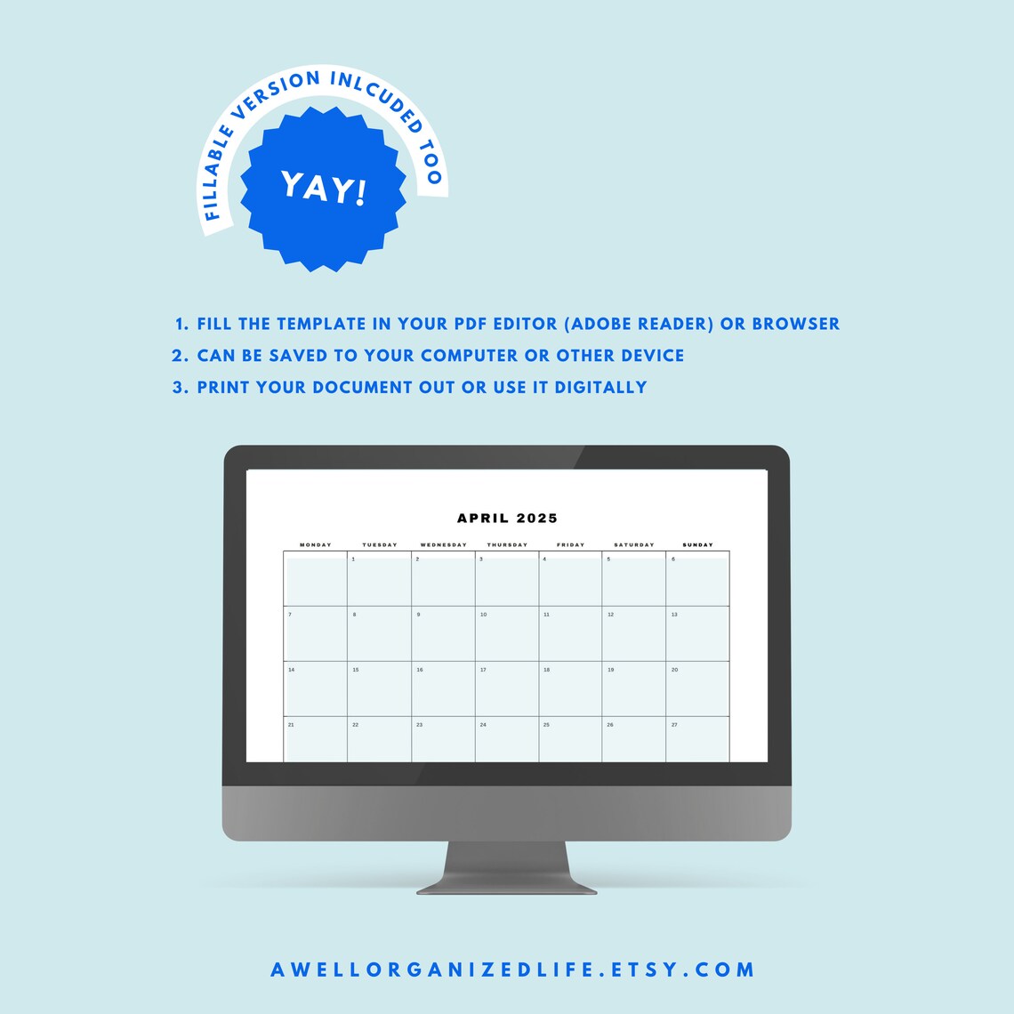 2025 Monthly Calendar Horizontal Printable & Fillable, Minimalist ...