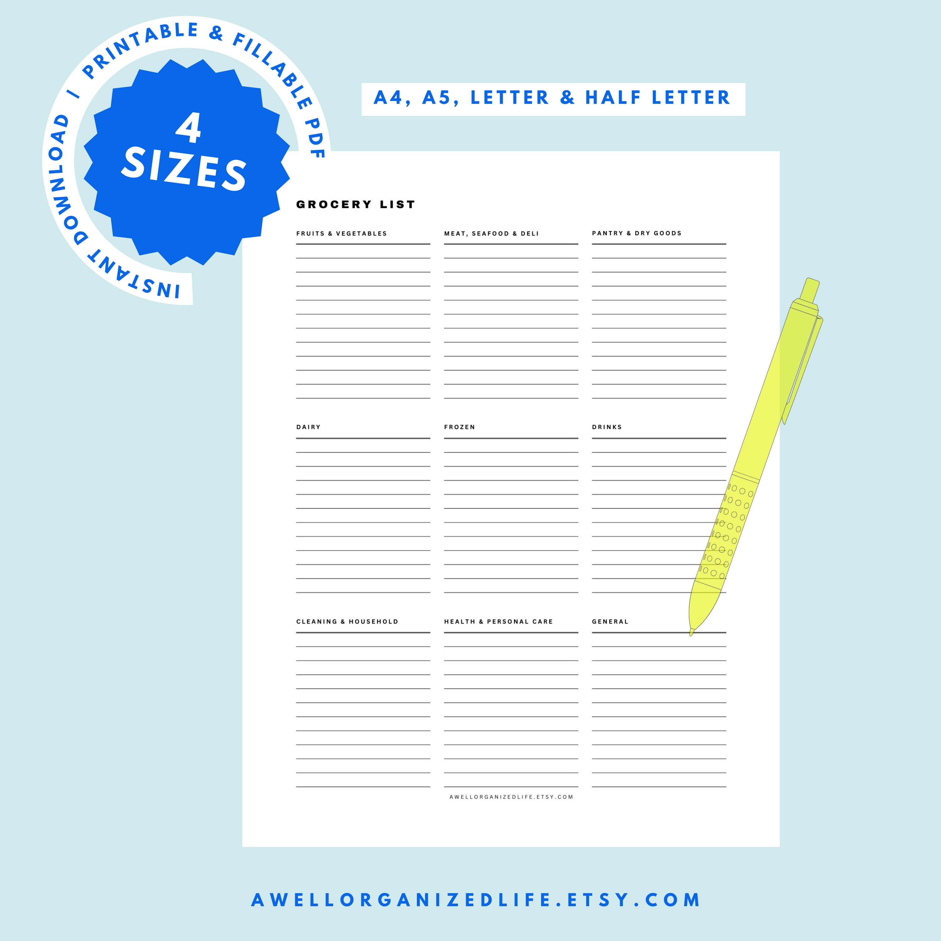 Grocery List Printable Template, Grocery Planner, Food Shopping List ...