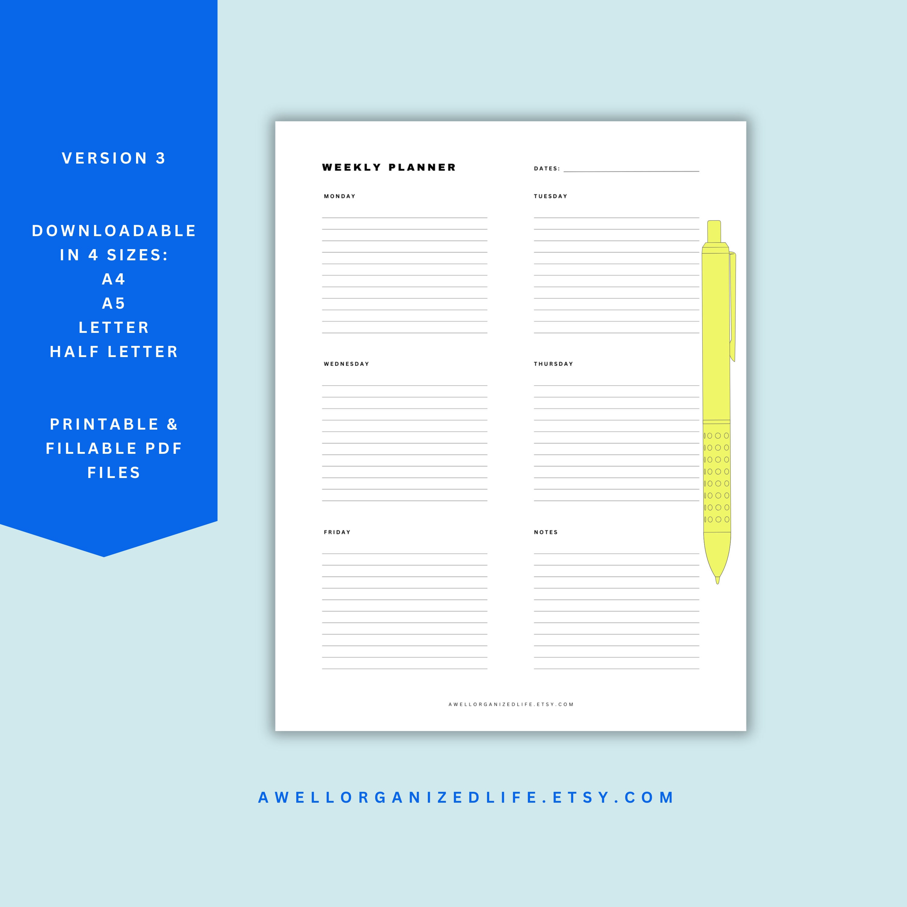 Five Day Weekly Planner Printable, Weekly Planner, Productivity ...