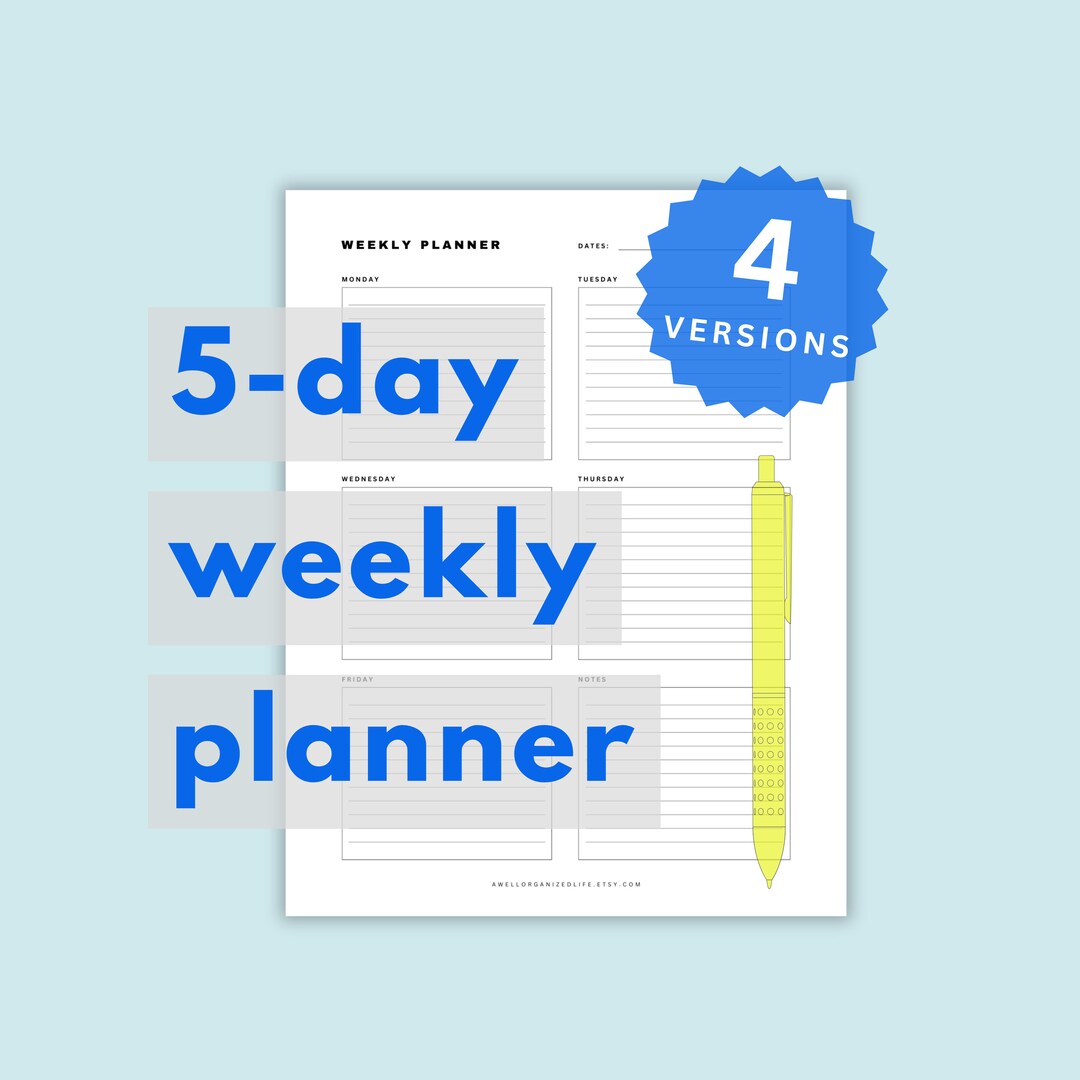 Five Day Weekly Planner Printable, Weekly Planner, Productivity ...