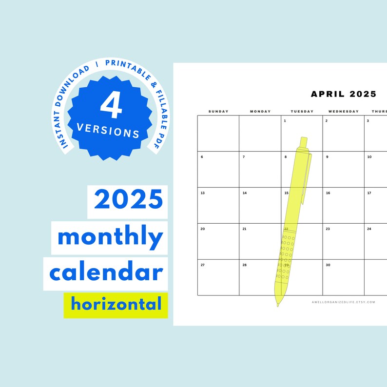 2025 Monthly Calendar Horizontal Printable & Fillable, Minimalist ...