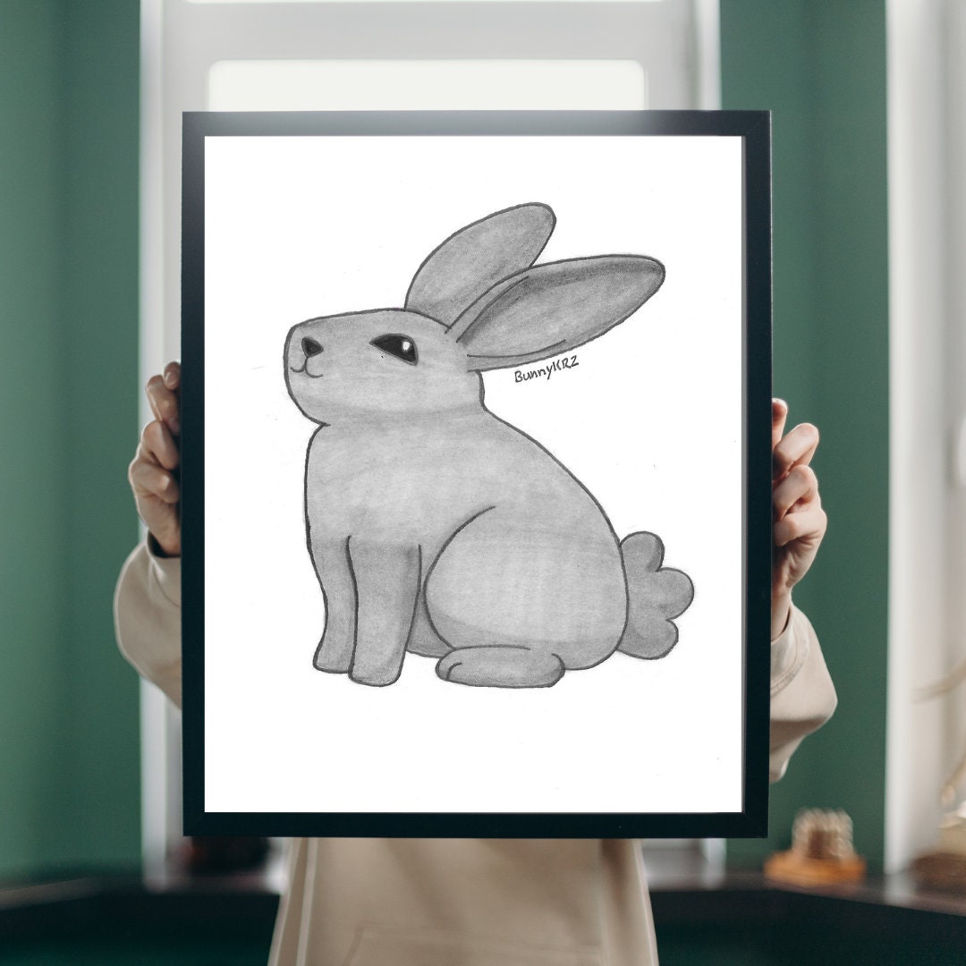 Hand Drawn Black and White Cute Bunny Rabbit Digital Download Print ...