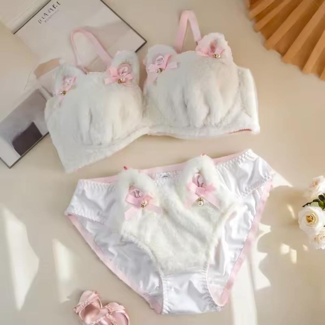 Kawaii Cute Cat Ear Plush Bra and Panty Set, Lingerie With Cat Eat ...