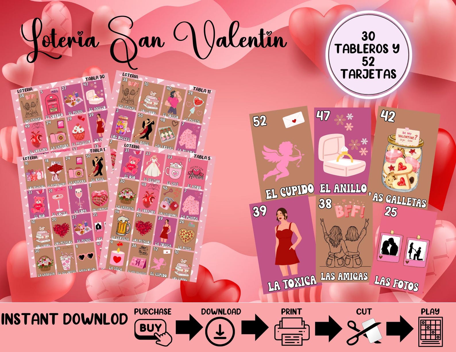 Loteria de San Valentín/ Juego de Bingo/ Loteria Española/ 30 Tableros ...