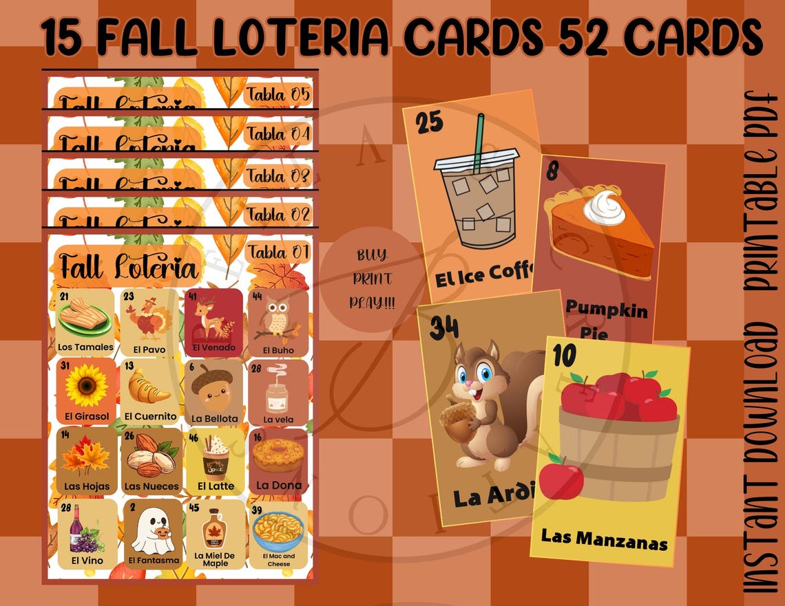 Fall Theme Loteria| Thanksgiving Loteria| Loteria De Otoño| 15 Decks ...