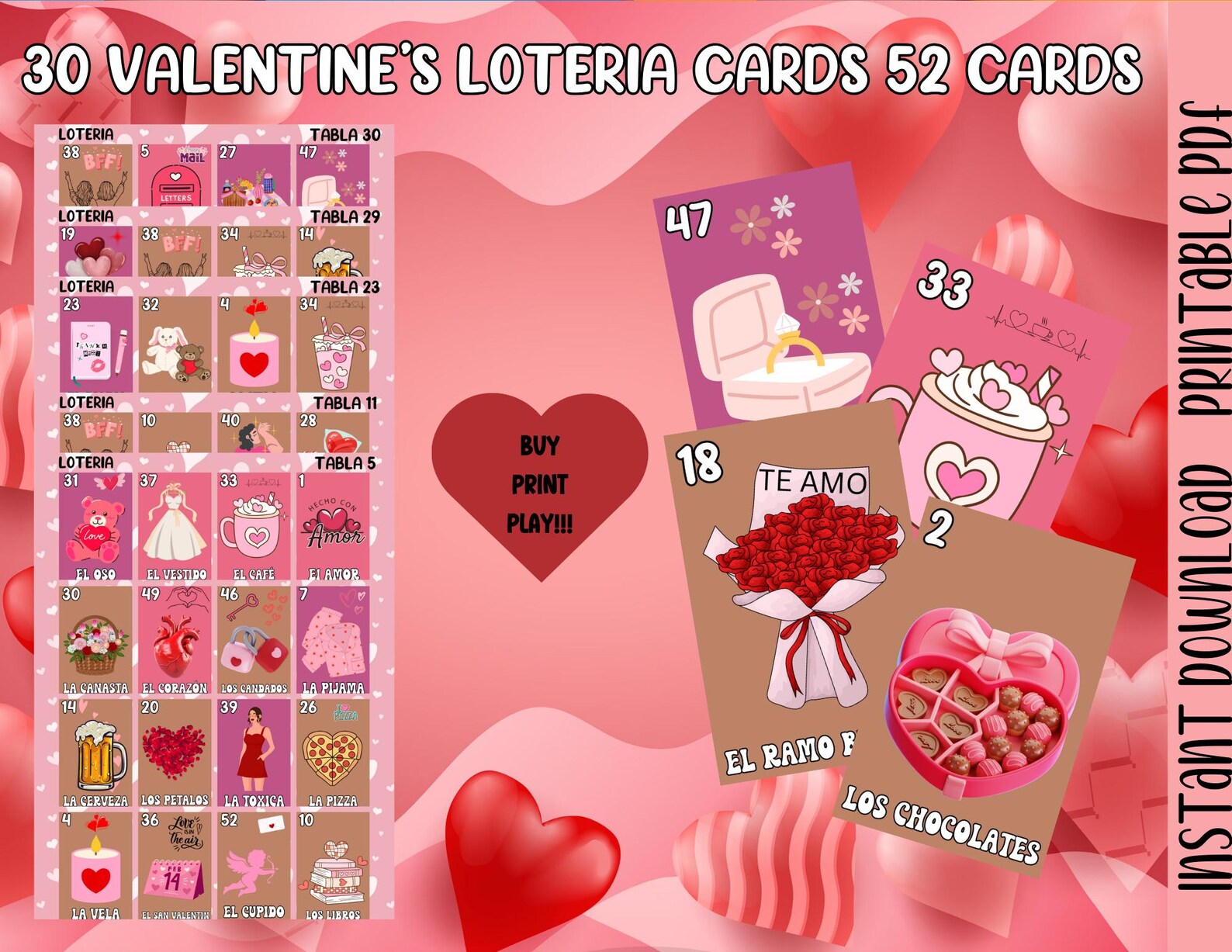 Loteria de San Valentín/ Juego de Bingo/ Loteria Española/ 30 Tableros ...