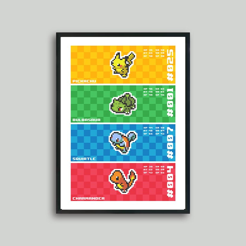 Minimal Pixel Sprite Starter Pokemon Wall Art Poster - Etsy