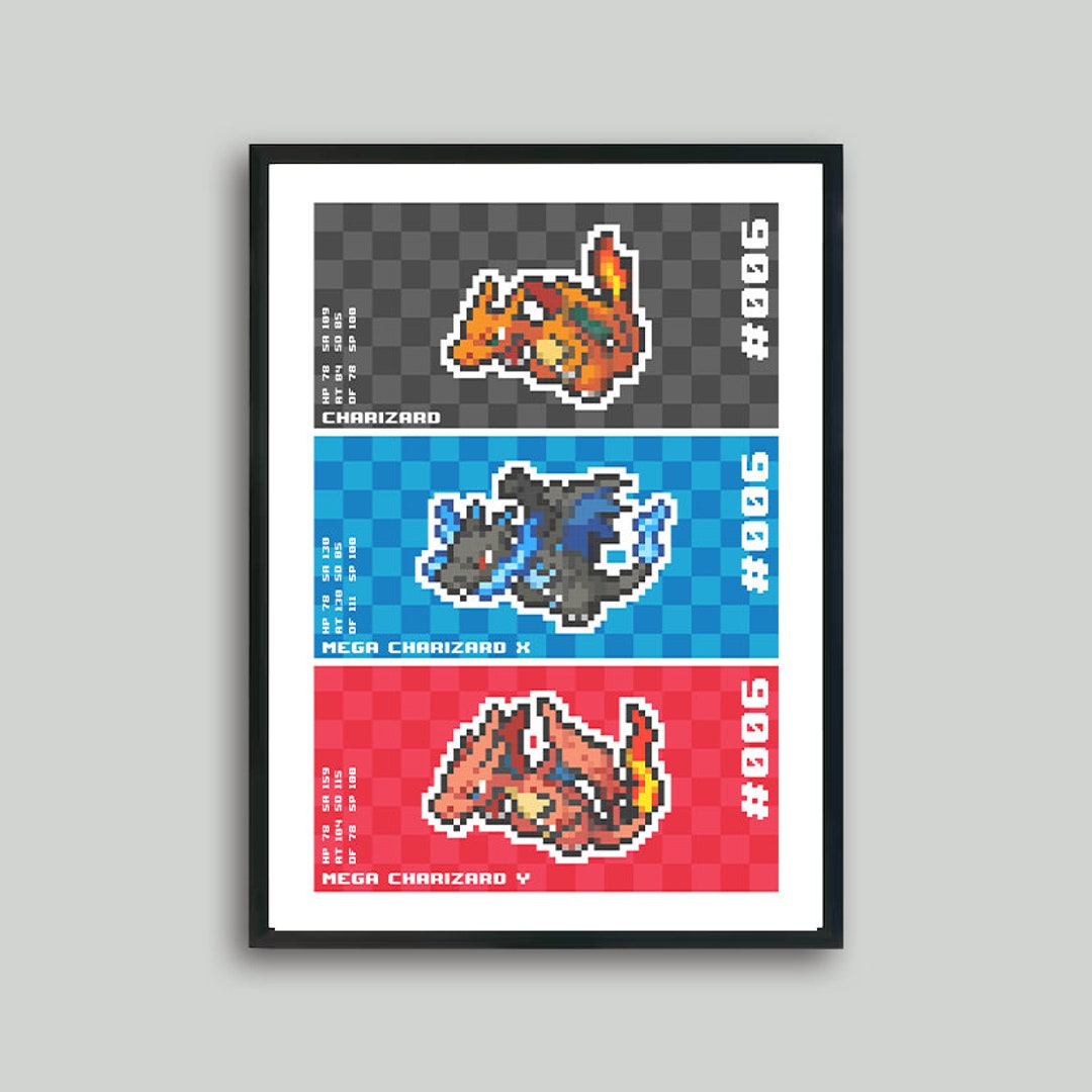 Minimal Pixel Sprite MEGA Charizard Pokemon Wall Art Poster - Etsy