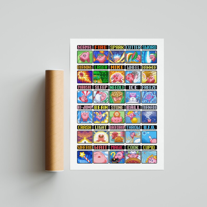 Kirby PRINTABLE Video Game Powers Ability Minimal Pixel Sprite Art ...