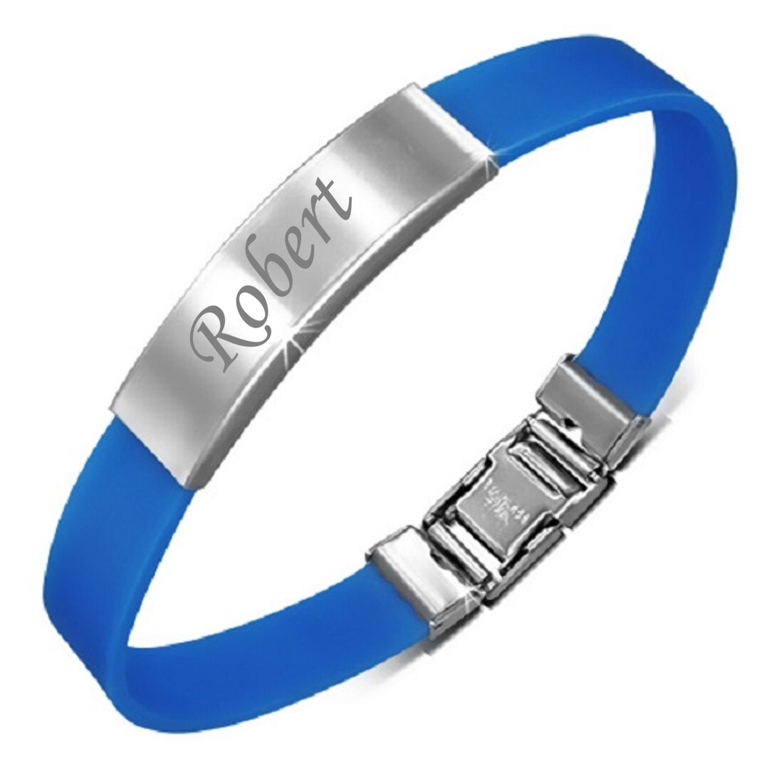 Stainless Steel With Blue Rubber ID Bracelet Free Engraving - Etsy