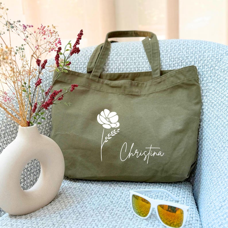 Personalized Birth Flower Tote Bag: Oversized Canvas Shoulder Bag - Etsy