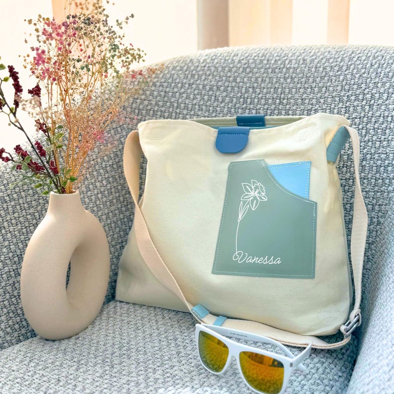 Personalized One-line Birth Flower Canvas Shoulder Bag, Custom Art ...