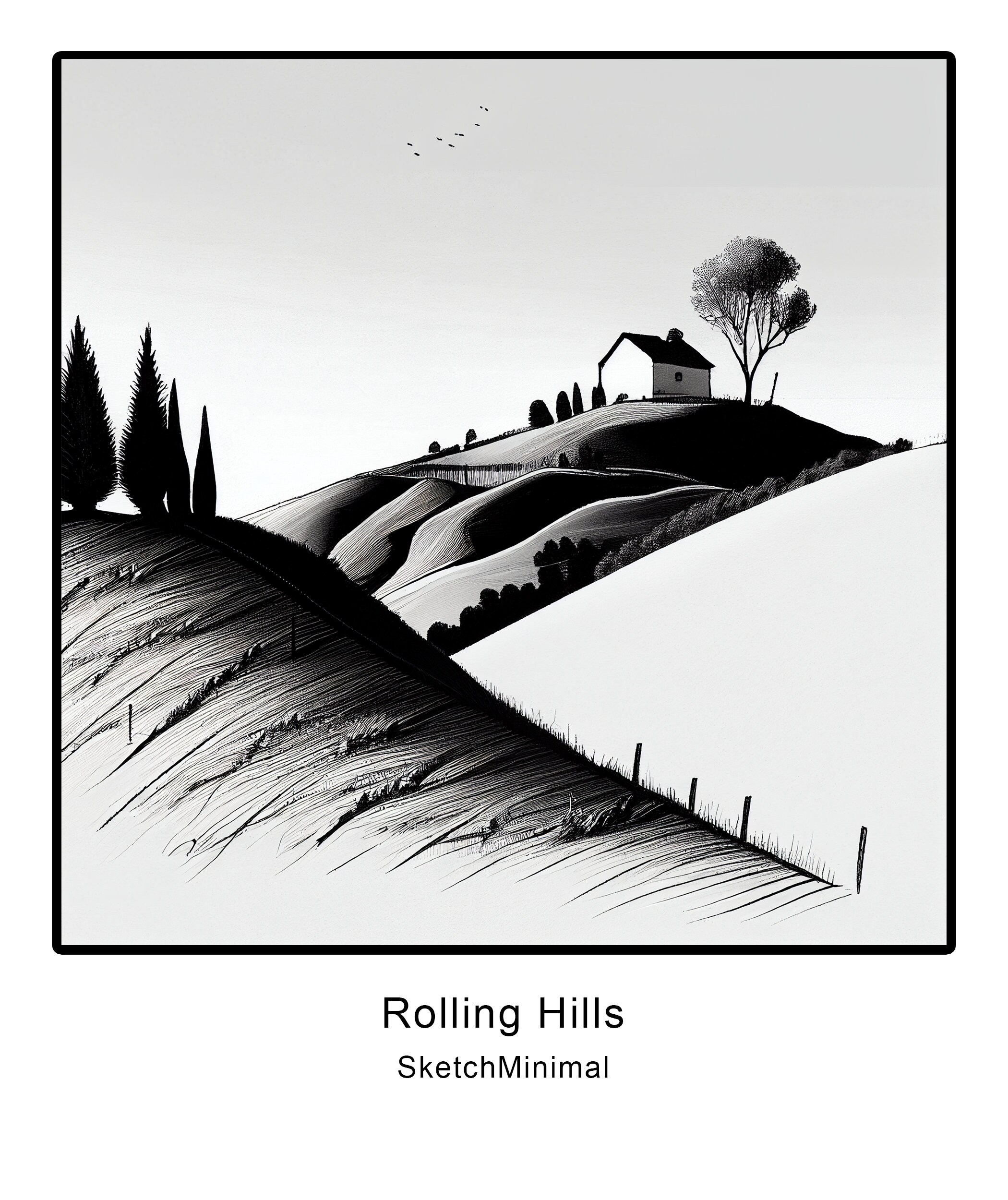 Rolling Hills Drawing Black And White