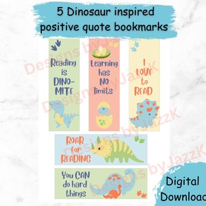 Positive Quote Dinosaur Bookmarks for Kids, Printable Dinosaur ...