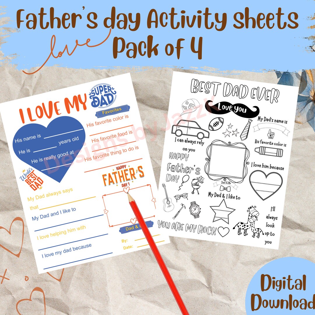 Father's Day Activity Pack Instant Download Printable for Kids 4 Sheet ...