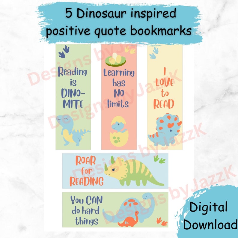 Positive Quote Dinosaur Bookmarks for Kids, Printable Dinosaur ...