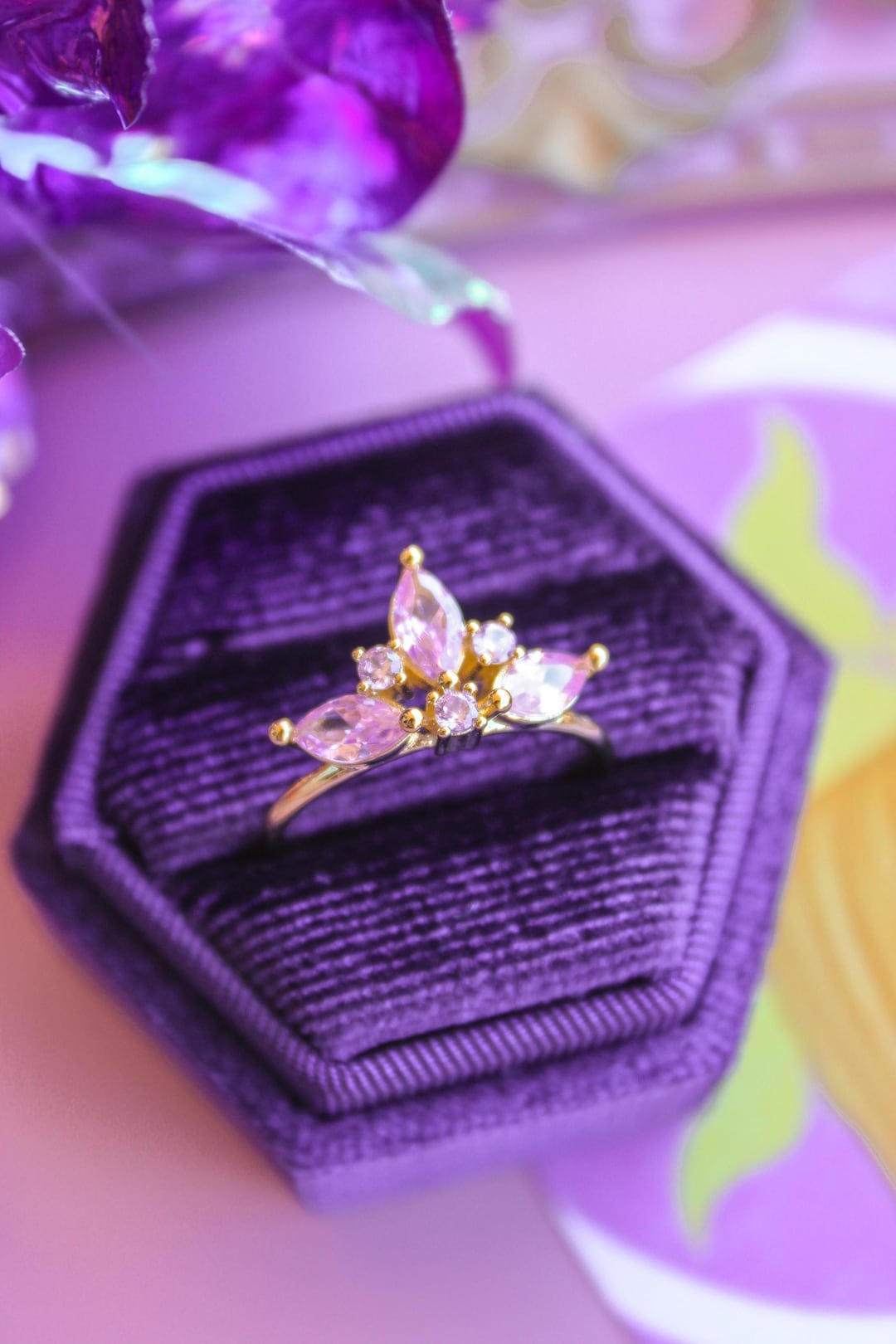 Adjustable 18K Gold Plated Majestic Pink Crystal Princess Ring Crown ...