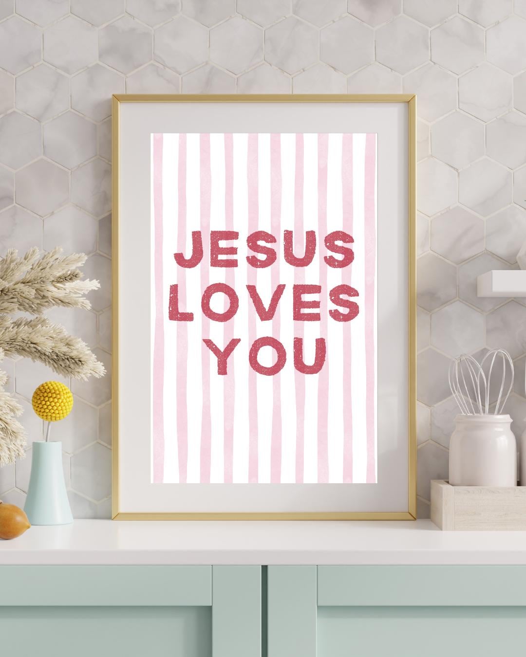 Pink Striped Jesus Loves You Print | Christian Wall Art for Dorms ...