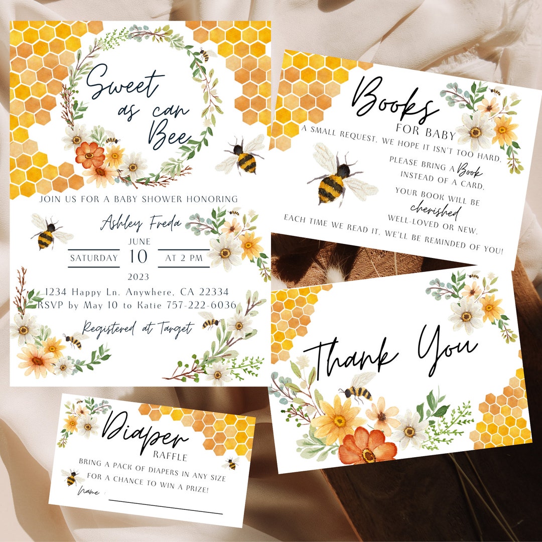 EDITABLE Floral Bees Baby Shower Invitation Template Set, Bees Theme ...