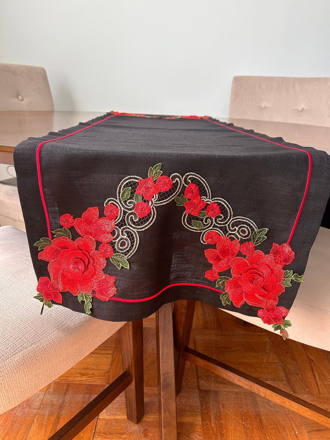 Linen Table Runner With Rose Applique Handmade - Etsy