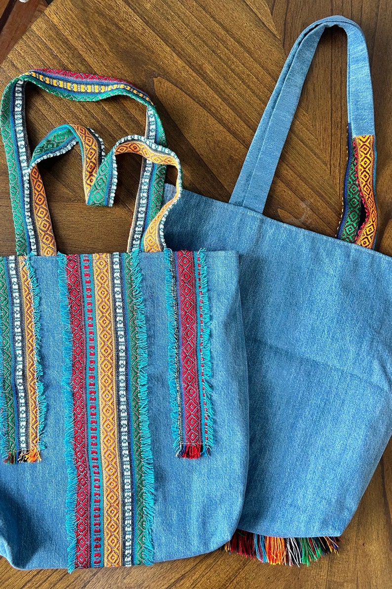 Denim Tote Bag, Shoulder Bag, Handmade Bag, Traditional Texture Fabric ...