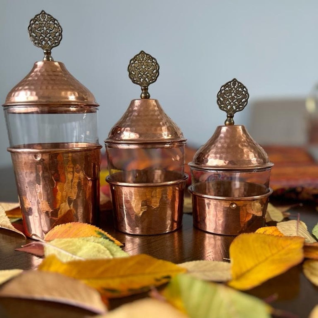 Set of 3 Copper Container / Glass Jar, Copper Cruet, Spice Jar Set ...