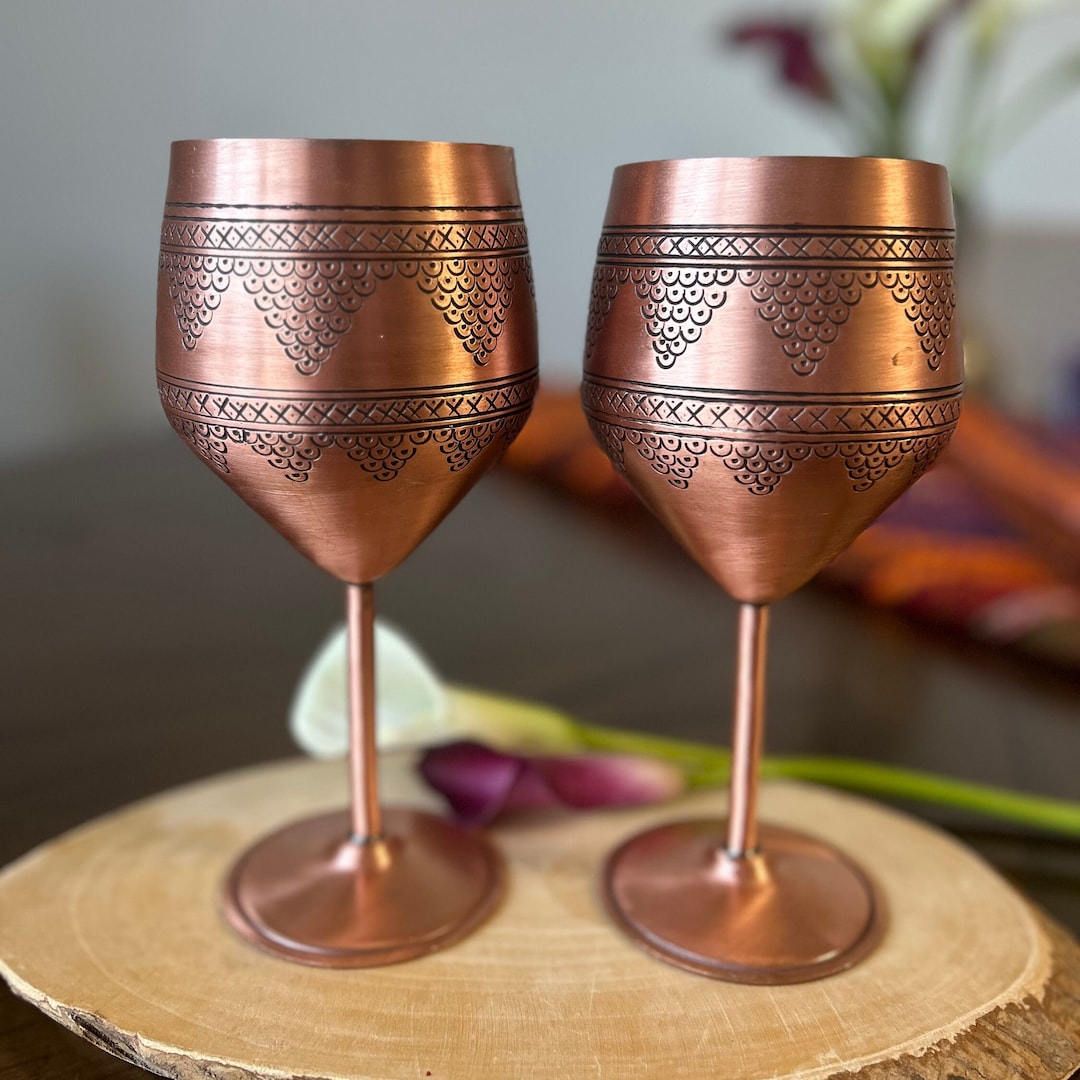 Copper Wine Glasses, Engraved / Hammered Copper, Handmade Copper, 7th ...