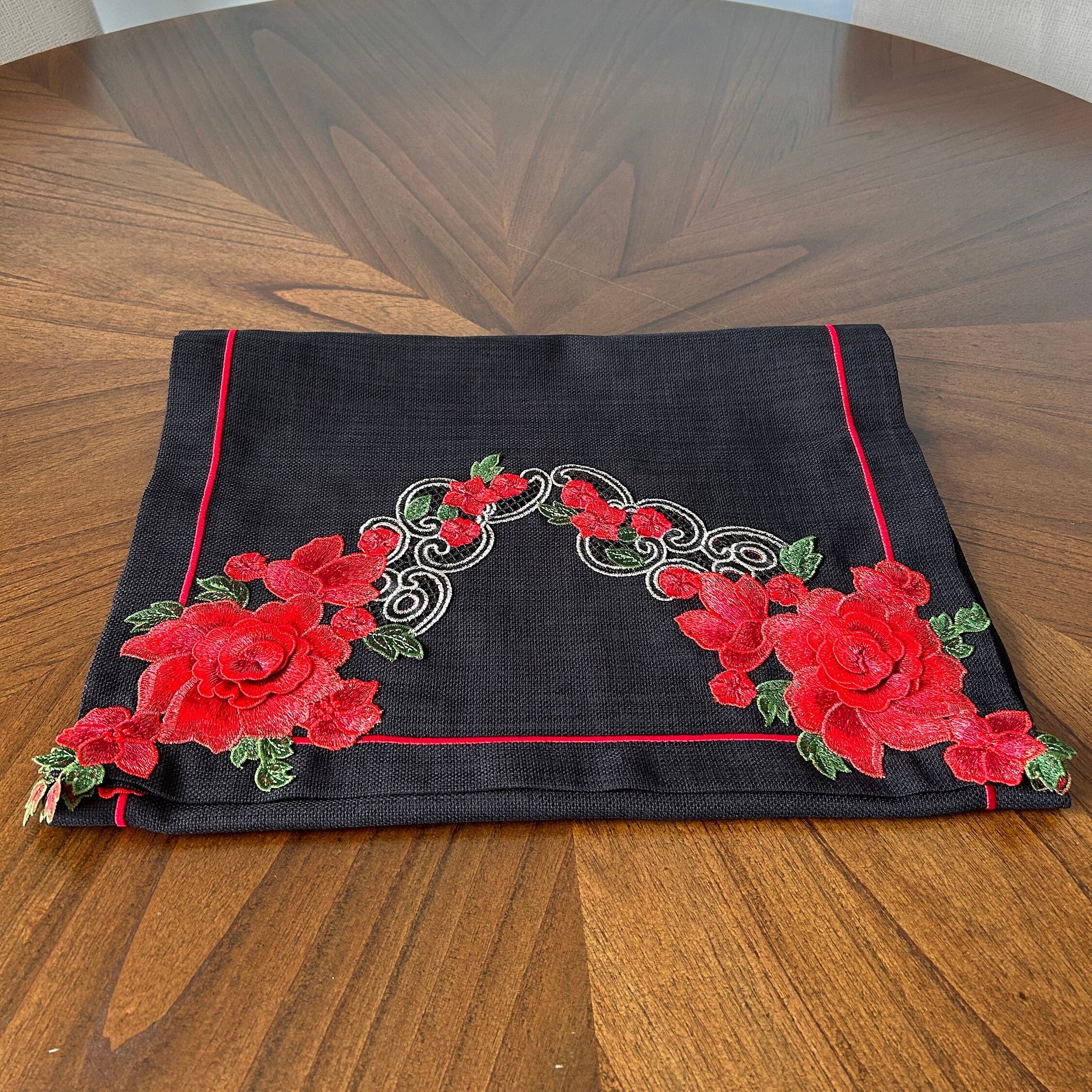 Linen Table Runner With Rose Applique, Handmade, Rose Design, Black ...