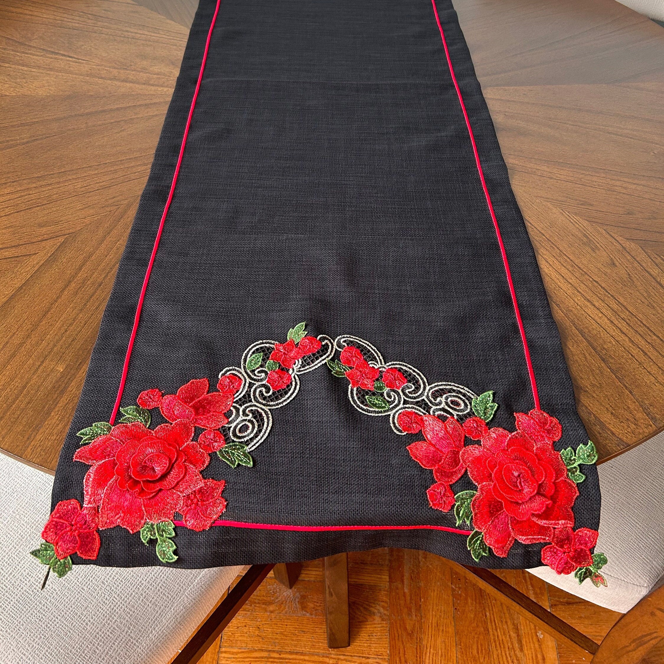 Linen Table Runner With Rose Applique, Handmade, Rose Design, Black ...