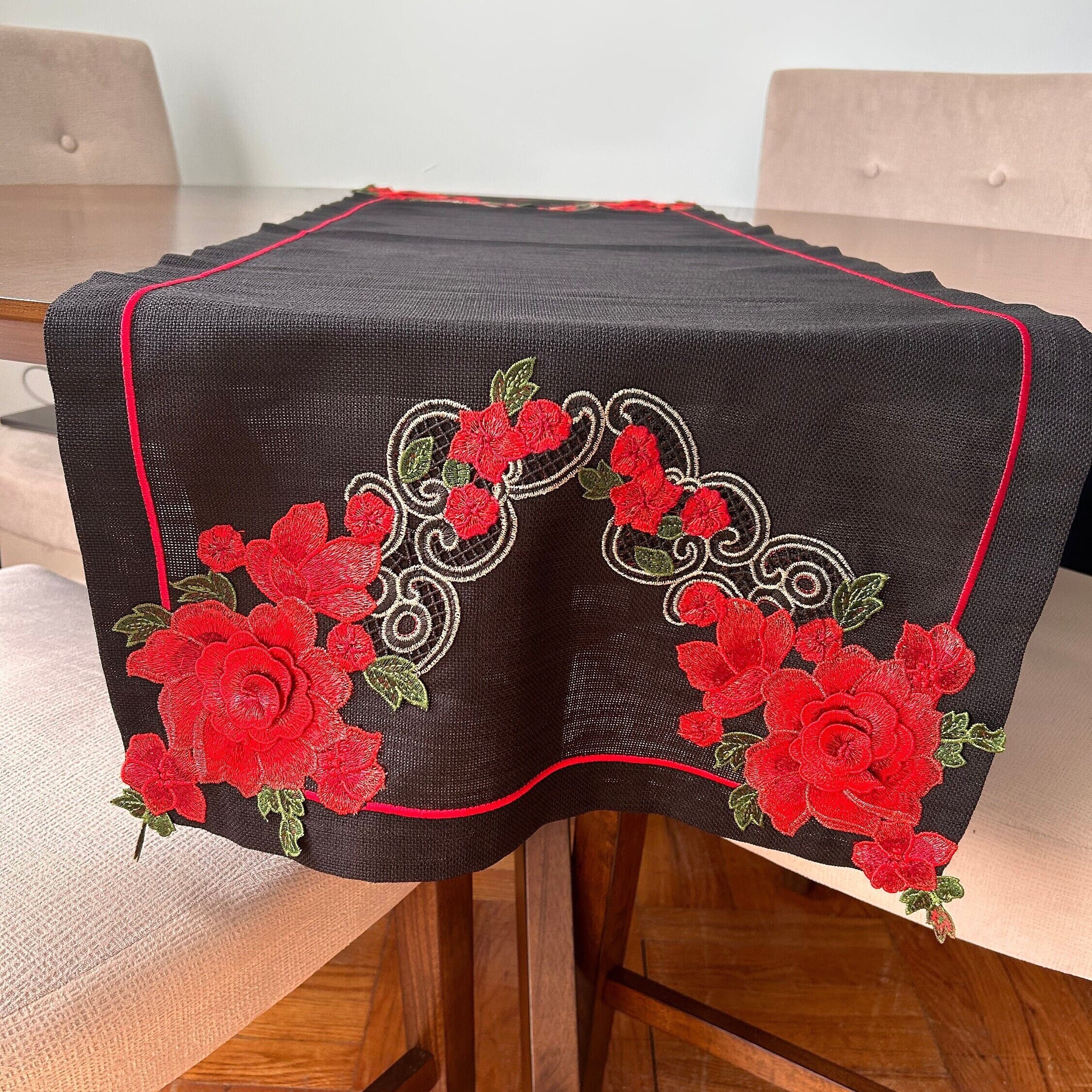 Linen Table Runner With Rose Applique, Handmade, Rose Design, Black ...