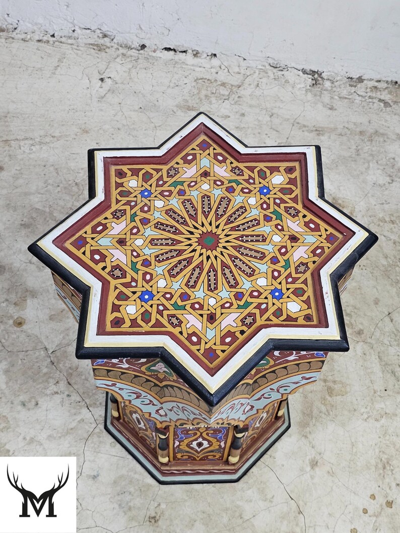 Moroccan Hexagon Side Table, Handmade Wooden Coffee Table, Boho Yellow ...