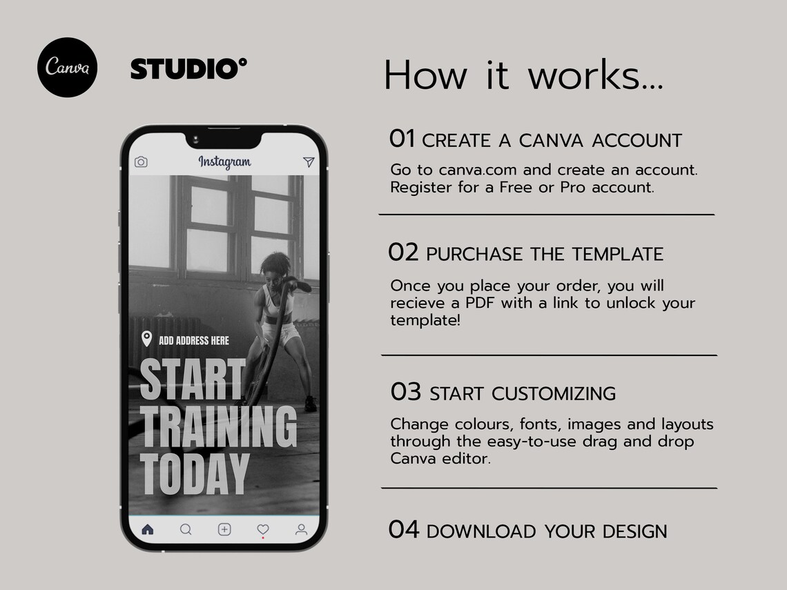 Instagram Fitness Template Canva Social Media Gym Post Insta Stories ...