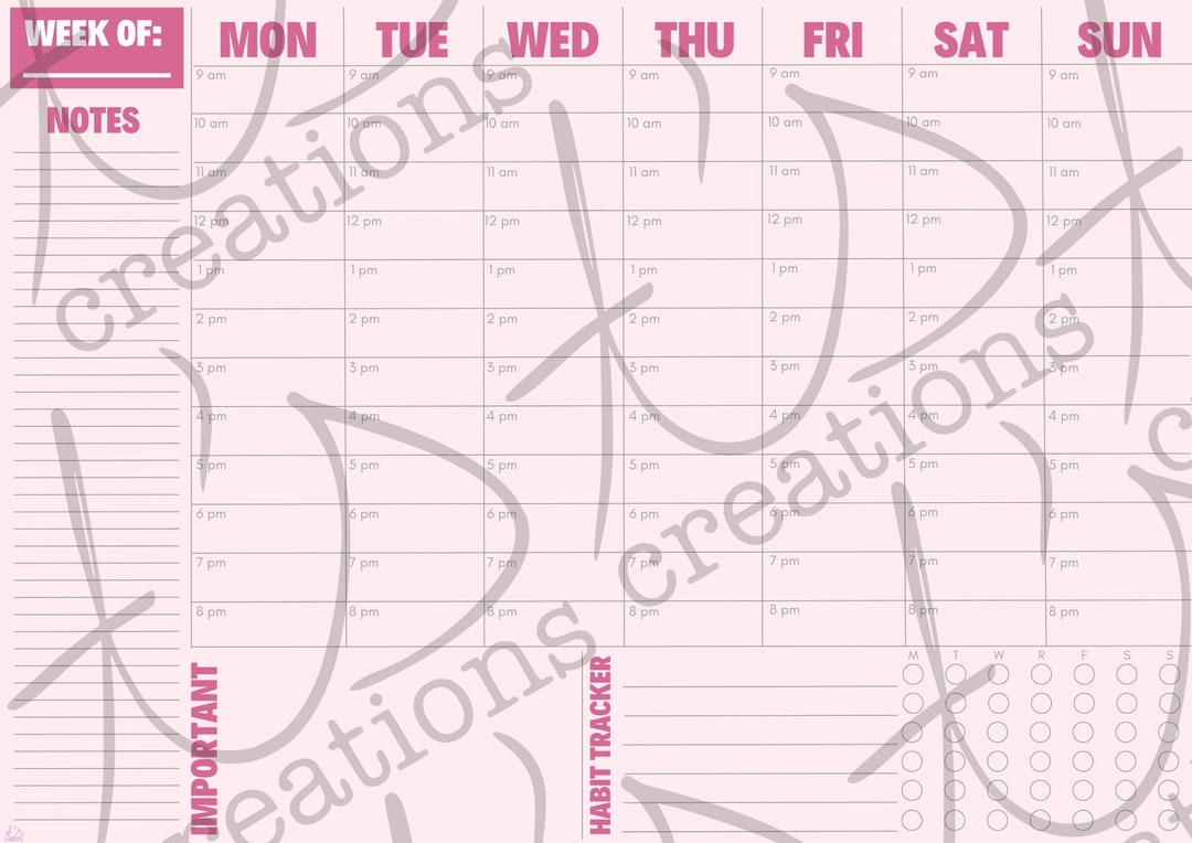 Light Pink/dark Pink Weekly Planner With Time Slots, Notes, Habit ...