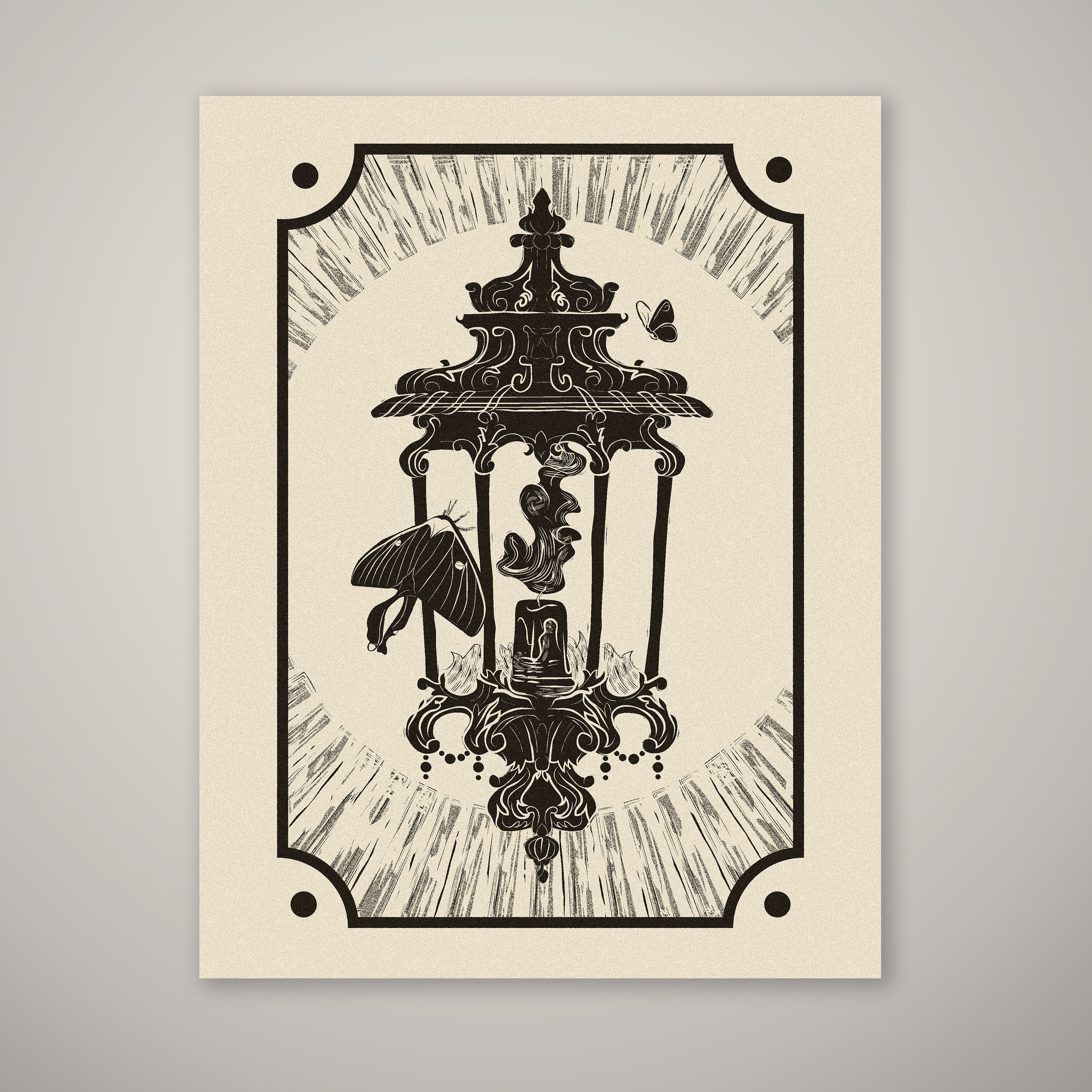 Luna Moth and Victorian Lantern Giclee Art Print - Woodblock Inspired ...