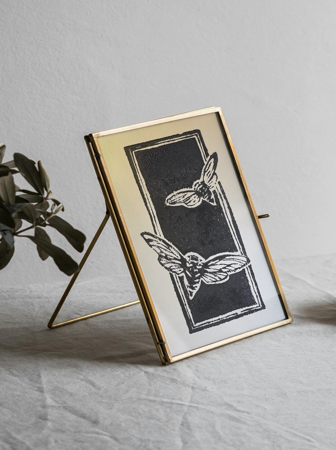 Cicadas Lino-cut Block Print Art Folk 5x7 Art on Archival Watercolor ...