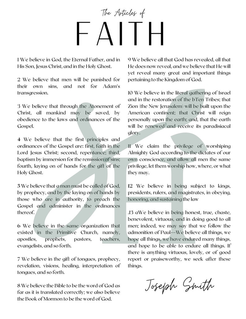 Articles of Faith Printable 12x17 - Etsy
