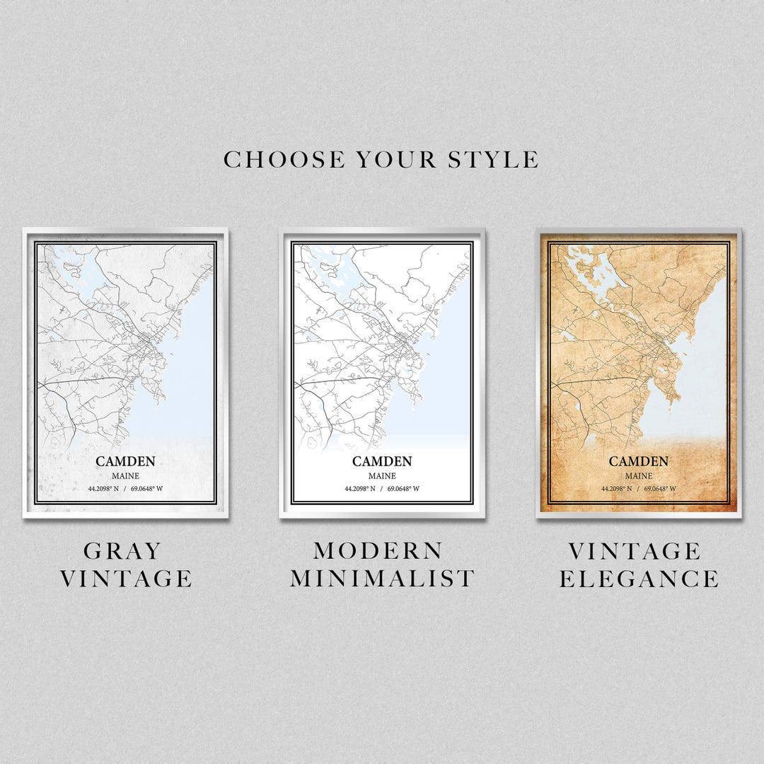 Camden, Maine Map Poster Street & Road Map, Gray Vintage, Modern ...