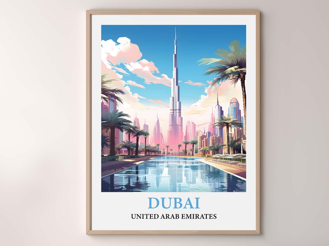 Burj Khalifa Print, Vintage Watercolor Dubai Skyline, UAE Travel Poster ...