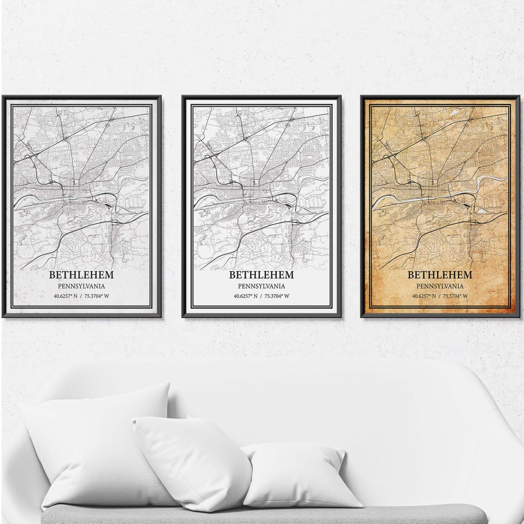 Bethlehem Pennsylvania Map Poster Print Canvas, Modern or Vintage Road ...