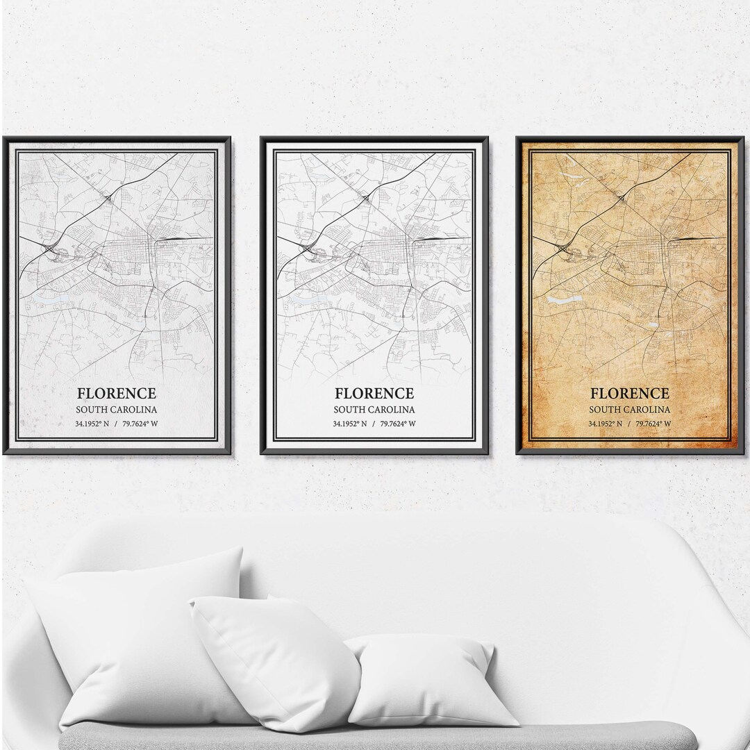 Florence South Carolina Map Poster Print Canvas, Modern or Vintage Road ...
