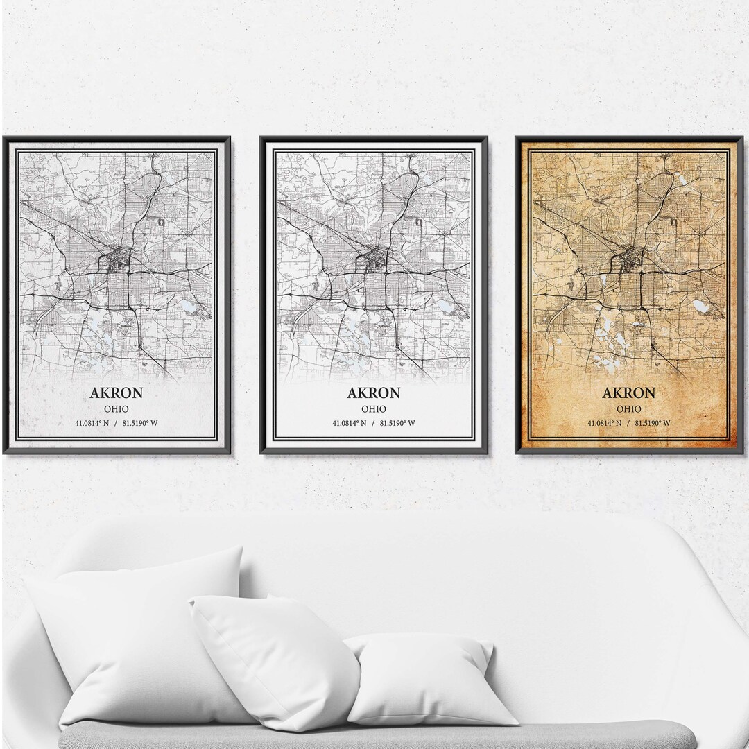 Akron, Ohio Map Poster – Street & Road Map, Gray Vintage, Modern ...