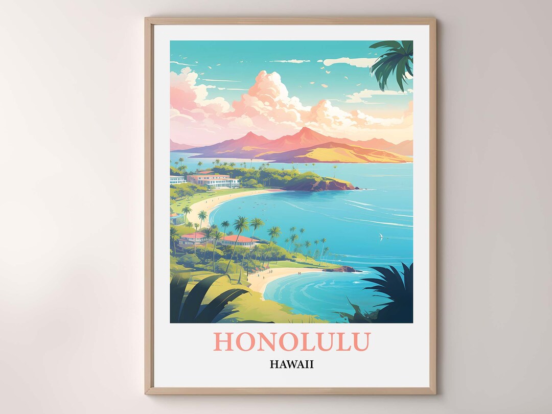 Honolulu Skyline Print, Vintage Watercolor Hawaii Travel Poster - Etsy
