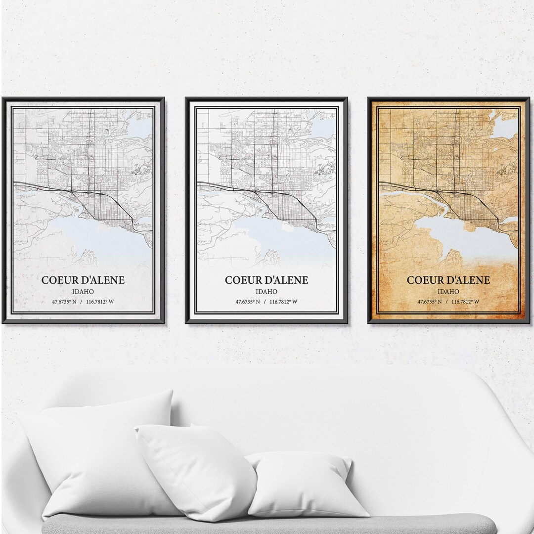 Coeur D'alene, Idaho Map Poster – Street & Road Map, Gray Vintage ...