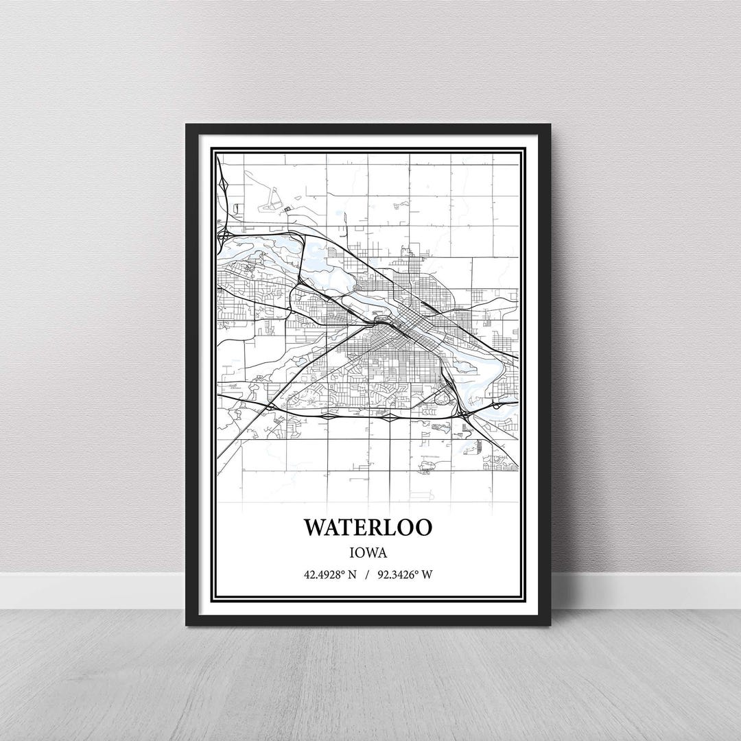 Waterloo Iowa Map Poster – Black and White Map Print, Canvas Wall Art ...