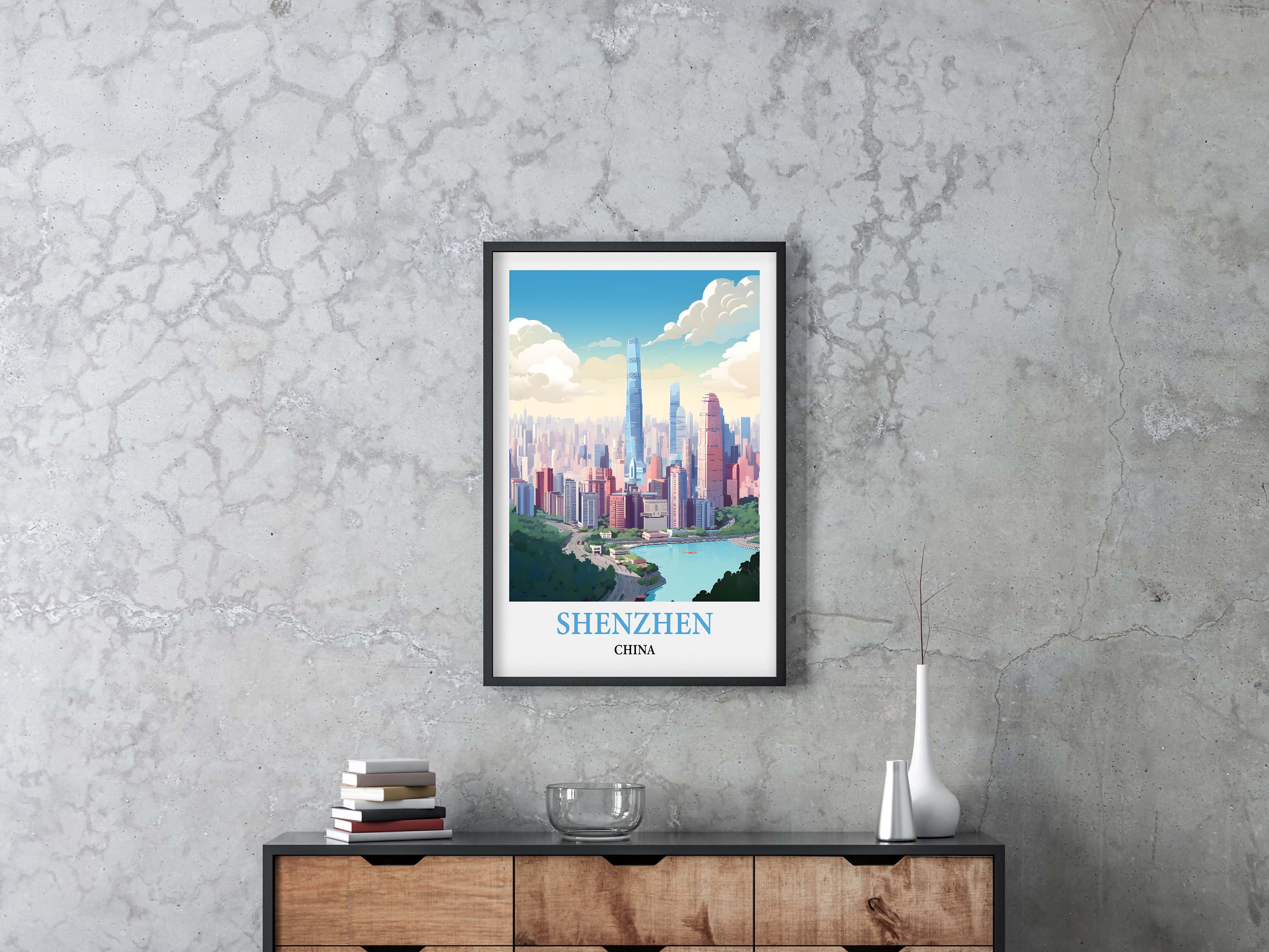 Shenzhen China Travel Poster, Shenzhen Skyline Wall Art Print, Futian ...