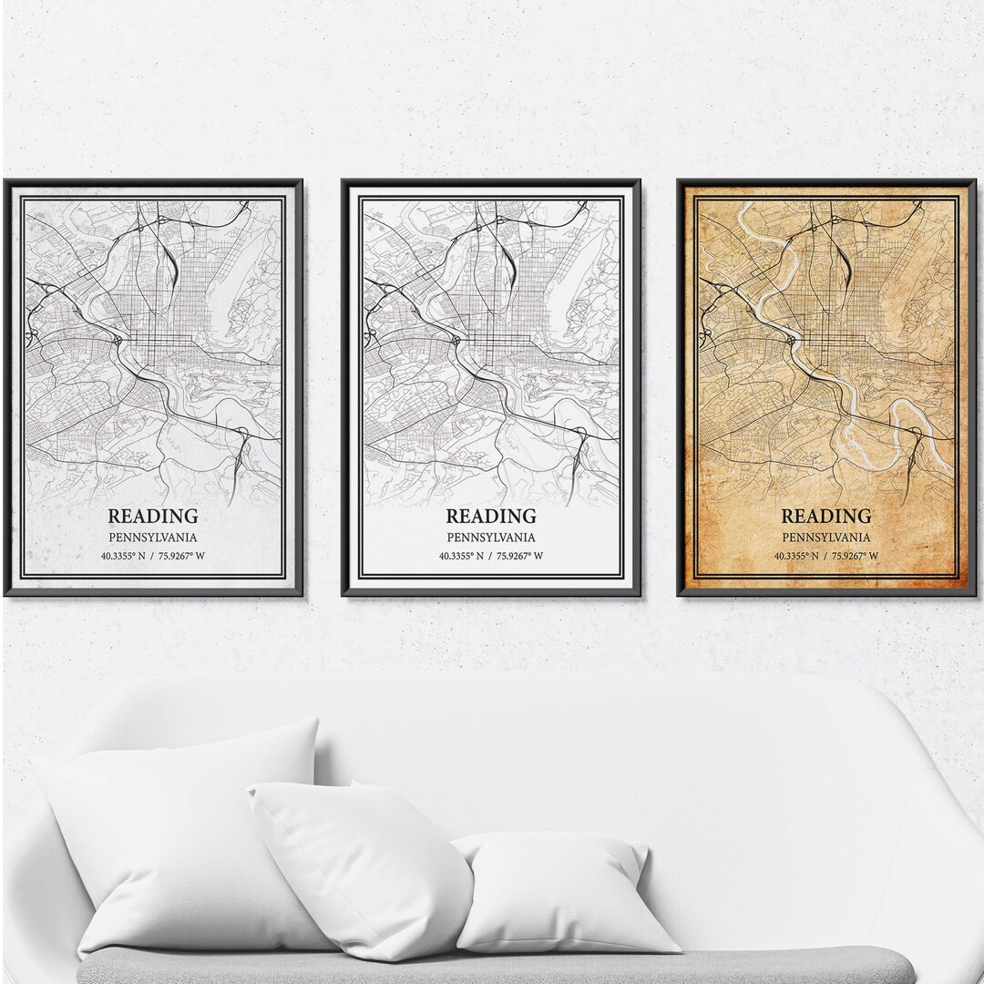 Reading Pennsylvania Map Poster Print Canvas, Modern or Vintage Road ...