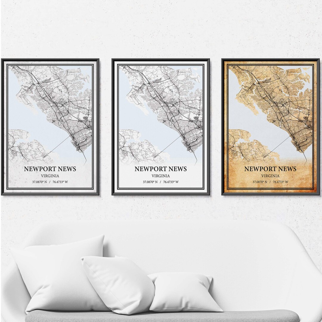 Newport News Virginia Map Poster Print Canvas, Modern or Vintage Road ...