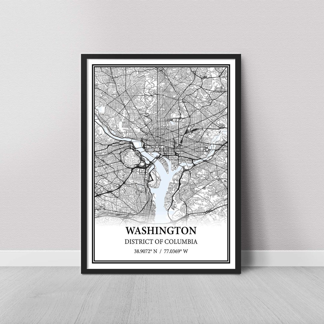 Washington DC Map Poster – Black and White City Map Print, Canvas Wall ...