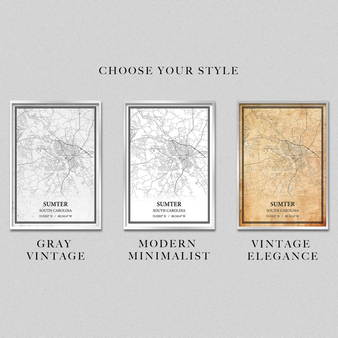 Sumter, South Carolina Map Poster Gray Vintage, Modern Minimalist, or ...